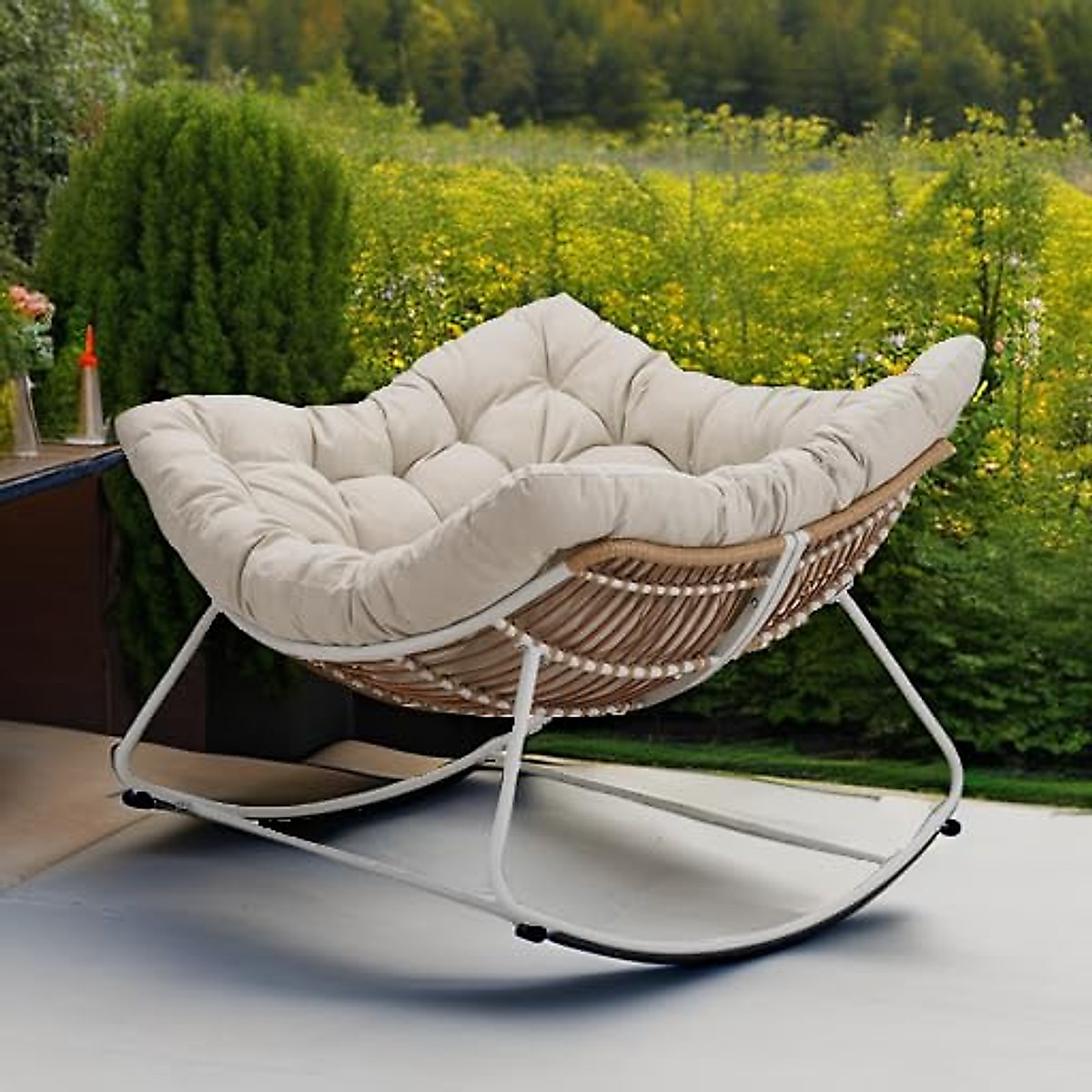 Naga Bahna Royal Rocking Chair, Outdoor Rocking Papasan Chair with Padded Beige Cushion Rocker Recliner Chair, Oversized Metal White Frame Rattan Egg Chair for Patio, Porch, Living Room