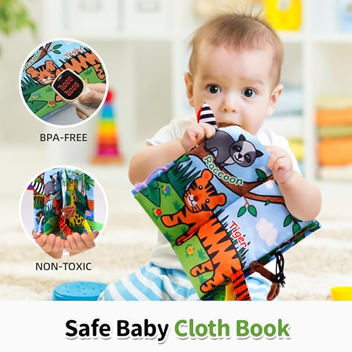Jollybaby Crinkle Books for Babies, Sensory Soft Touch and Feel Baby Books Toys for 0-6 Months Infants, Newborn Montessori Early Educational Cloth Books Toys, Baby Girl & Boy Gift(Jungle Tails)