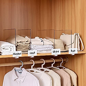 kaguster 6 PCS Clear Acrylic Shelf Dividers for Closets, 6 White Cards and 6 Clear Acrylic Self-Adhesive Clips - Closet Organizer and Storage Separate Clothing,Books, Document and Purses