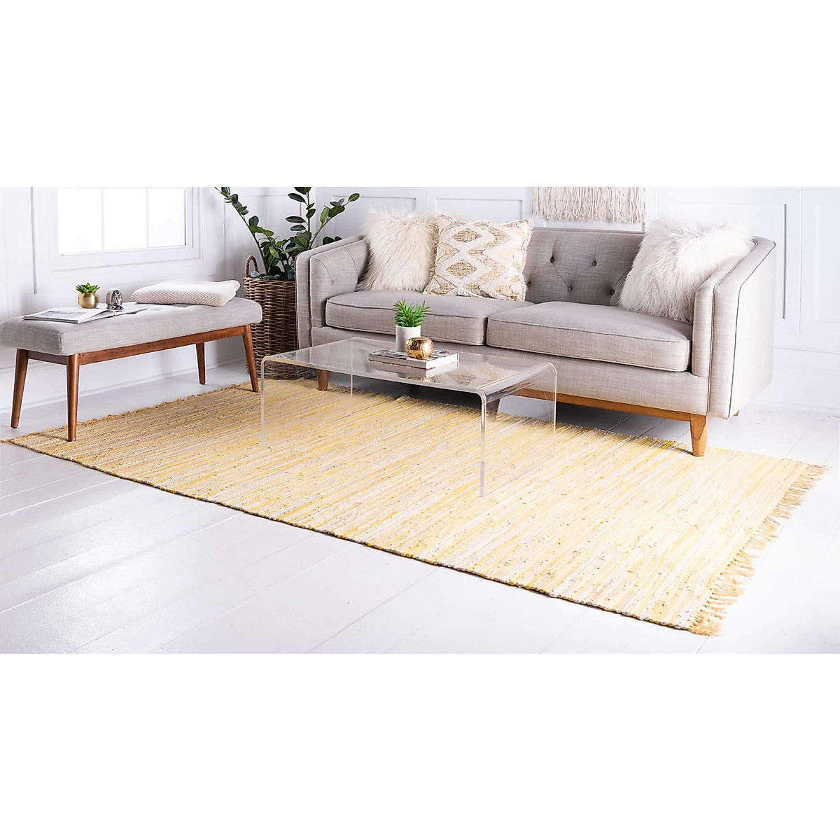 Unique Loom Chindi Cotton Collection Soft Hand Woven Natural Fiber Striped Area Rug, 9 ft x 12 ft, Yellow/Ivory