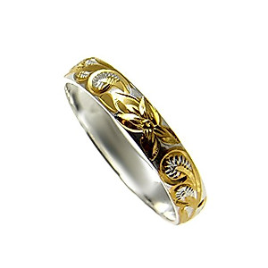 Arthur's Jewelry Yellow gold plated sterling silver 925 Hawaiian plumeria scroll 4mm band ring size 4