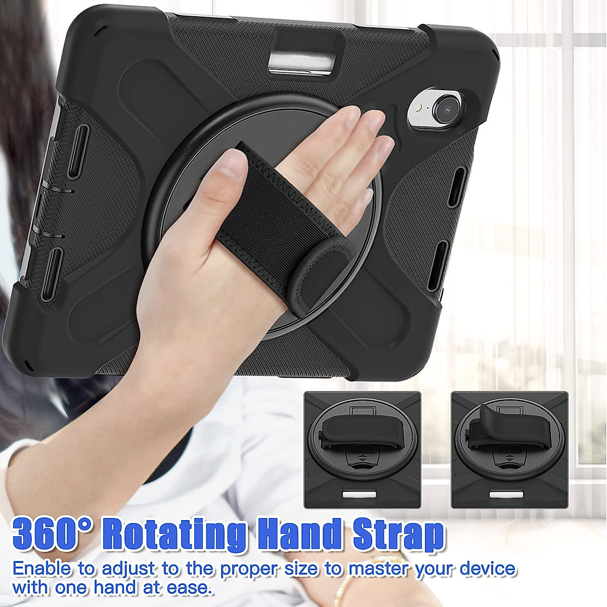 ZenRich iPad Mini 7 Case (A17 Pro 2024), Heavy Duty Shockproof Rugged Case for iPad Mini 7th/6th Generation with Pencil Holder/Kickstand/Hand Strap/Carrying Shoulder Belt, Black