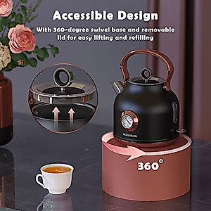 NESSGRAIM Retro Electric Kettle, 1.7L Stainless Steel Tea Kettle with Large Temperature Gauge, 1500W Fast Heating Hot Water Boiler with LED Indicator, Auto Shut-off & Boil-Dry Protection-Reteo Black