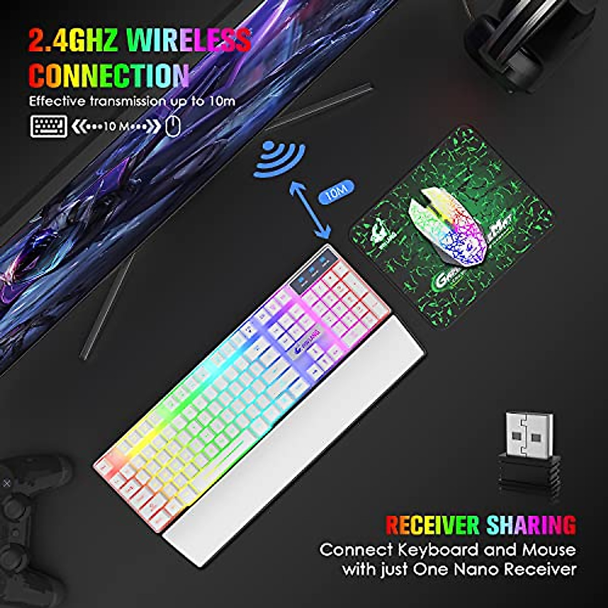 Rechargeable Wireless Keyboard and Mouse Combo with Wrist Rest Rainbow Backlight Mechanical Feel Gaming Keyboard RGB Crack Gamer Mouse Large Mice Pad for Windows PC and Desktop