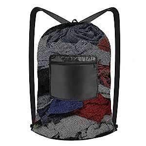 OTraki 28 x 36 inch Mesh Laundry Backpack Bag, Large Travel Laundry Bags with Shoulder Straps, Heavy Duty Drawstring Mesh Bag for Clothes Sports Soccer Ball Dorm Room Essentials (Black)