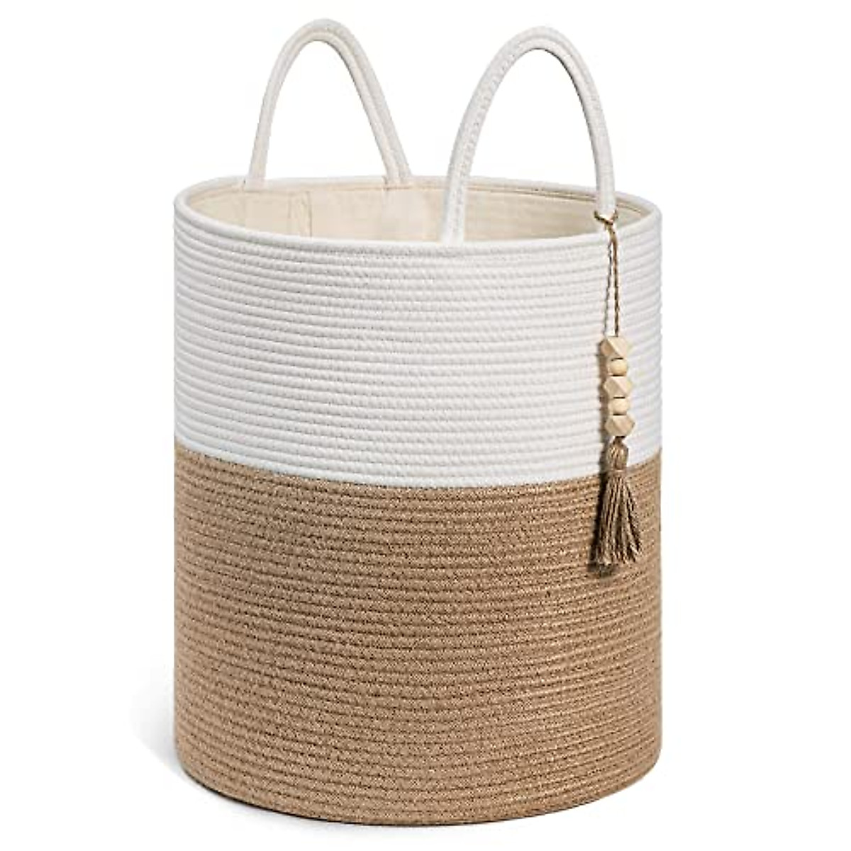 CherryNow Wicker Laundry Basket Tall Woven Hamper, Blanket Storage Basket for Living Room, Entryway, Toy Basket for Nursery, Decorative Clothes Hamper for Bedroom, White & Jute, 51L, 15 x 17.7 inches