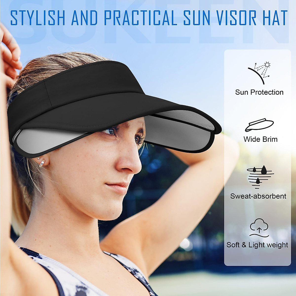 Sukeen Wide Brim Sun Visor for Women&Men, Retractable Visors Hat with UV Protection Sun Hats for Beach Golf Garden Outdoor Black