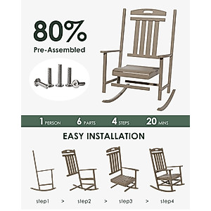 Adiromoti Outdoor Rocking Chair Set of 2, All-Weather Resistant Poly Lumber Rocker Chair Outdoor, High Back Plastic Patio Rocking Chairs for Outside Porch Rocker Garden Lawn, Weather Wood
