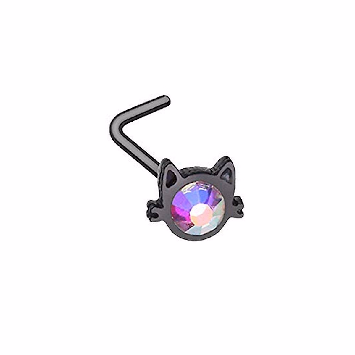 Amelia Fashion 20 Gauge Black Aurora Borealis Cat Face Silhouette L-Shape Nose Stud 316L Surgical Steel (Black/Aurora Borealis)