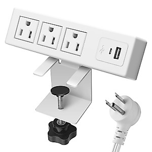 White Desktop Clamp Power Strip with USB, Surge Protector Power Charging Station Outlet with 3 Plugs 1 USB A 1 USB C PD Fast Charging Outlets, Desk Mount Multi-Outlets for Home Office Garage Workshop