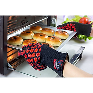 J H Heat Resistant Oven Glove:EN407 Certified 932 °F, 2 Layers Silicone Coating, Oven Mitts for Cooking, Kitchen, Fireplace,Camping, Grilling, 1 Pair