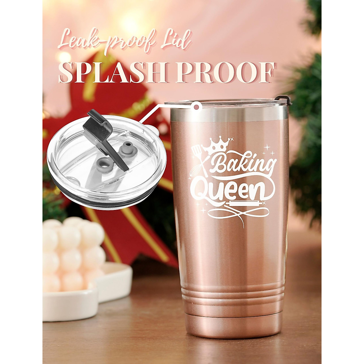 Onebttl Baking Gifts for Women, Insulated Stainless Steel Wine Tumbler with Lid, For Baking Queen on Birthday, Christmas, Rose Gold, (20 oz)