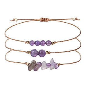 3Pcs Natural Stone Bracelet for Women Men Healing Crystal Chip Bead Bracelets Spiritual Amethyst Rose Quartz Chakra Bracelets Set Anxiety Reiki Energy Power Healing Crystals Jewelry(Amethyst)