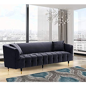 Iconic Home Julia Sofa Velvet Upholstered Channel-Quilted Button Tufted Cushion Shelter Arm Design Espresso Finish Gold Tip Wood Legs Modern Contemporary, Black