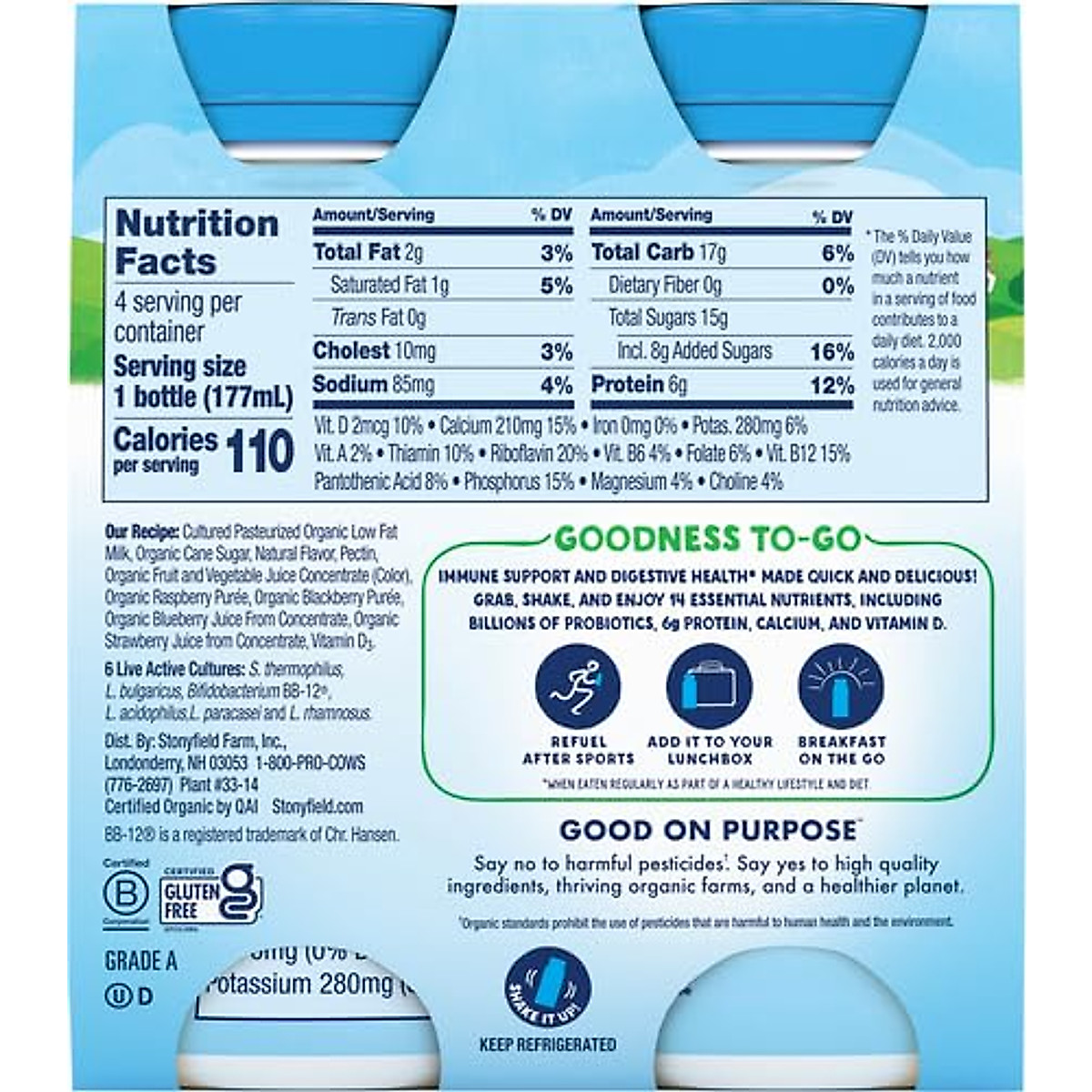 Stonyfield Organic, Low Fat Wild Berry Smoothie, 6 Fl Oz Bottles, 4Ct