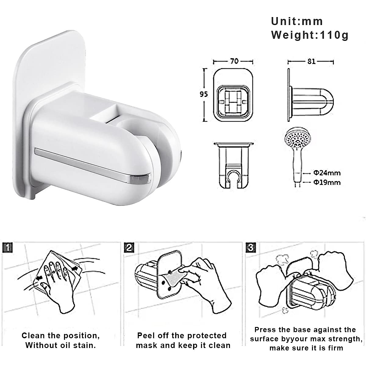 Podxco Adjustable Handheld Shower Head Holder Bracket, Plastic Bathroom Adhesive Showerhead Adapter, Waterproof, Wall Mounted, Universal Showering Components - NO Tools Required