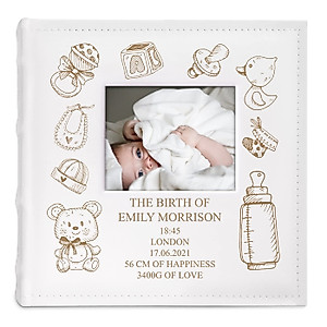 Maverton Slip-In Photo Album for kids - Engravable white cover with a photo frame - 100 pages to fill in with up to 200 images - Personalized album for Baptism - For Birthday - baby