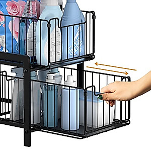 2 Tier Under Sink Organzier, NPPLUS Iron Under Sink Cabinet Organizers With Sliding Drawer, Pull-Out Home Organizer For Bathroom, Kitchen - Black