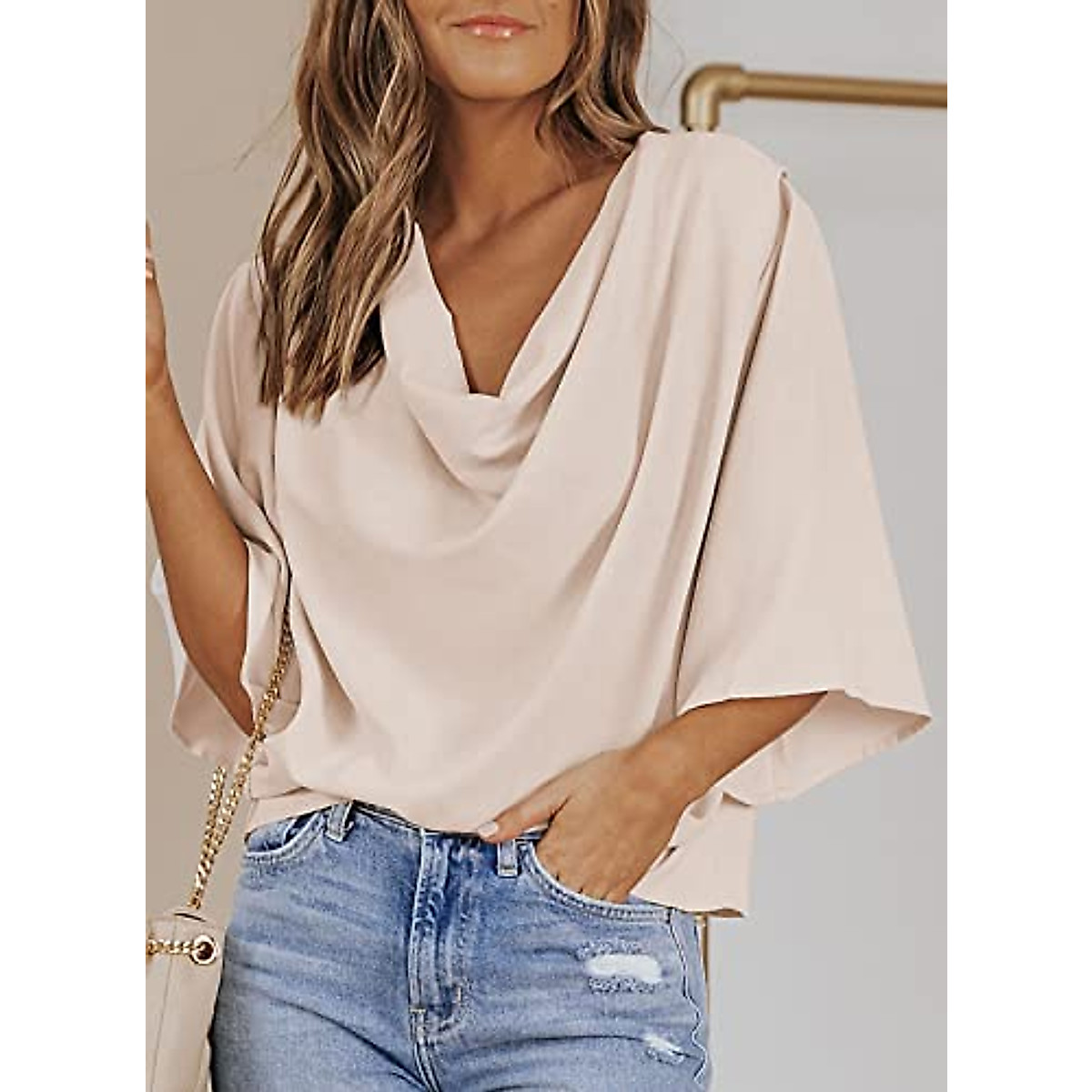 Dokotoo Women's V-Neck Wrap Top - Short Sleeve Chiffon Blouse, Trendy, Casual, Work, Apricot, XL
