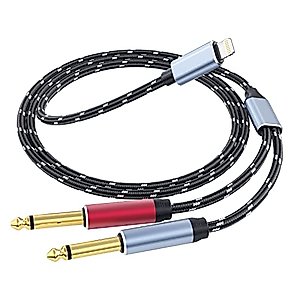 Lightning to Dual 6.35mm 1/4" TS Mono Stereo Y-Cable Splitter Lightning to Dual 1/4 inch Audio Cable Compatible for iPhone12/11/X/XS/XR/8/7/iPad,Amplifier, Speaker, Headphone, Mixing Console 3.3FT