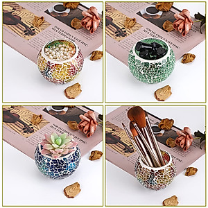 OwnMy 6PCS Mosaic Glass Tealight Holders Round Votive Candle Holders Glass Pillar Candle Stands for Table Centerpieces, Multicolor Glass Mosaic Tealight Holders Small Potted Plant Bowl Candle Vases