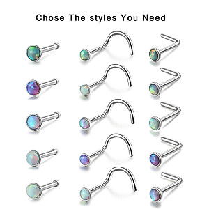 Lantine Corkscrew Nose Studs Surgical Steel 2mm Opal Nose Stud Pink White Purple Green Blue Set 20 Gauge 1/4 inch