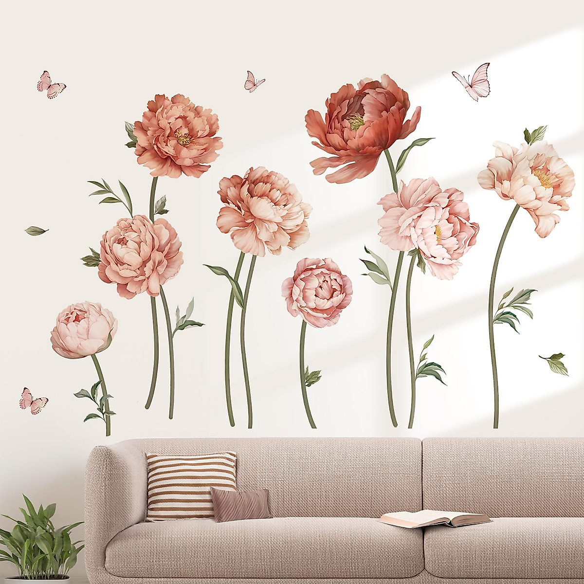 wondever Pink Peony Rose Flower Wall Stickers Boho Floral Peel and Stick Wall Art Decals for Girls Bedroom Living Room TV Wall