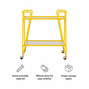 Linon Gina Yellow Mid Century Bar Cart with Mirrored Shelves