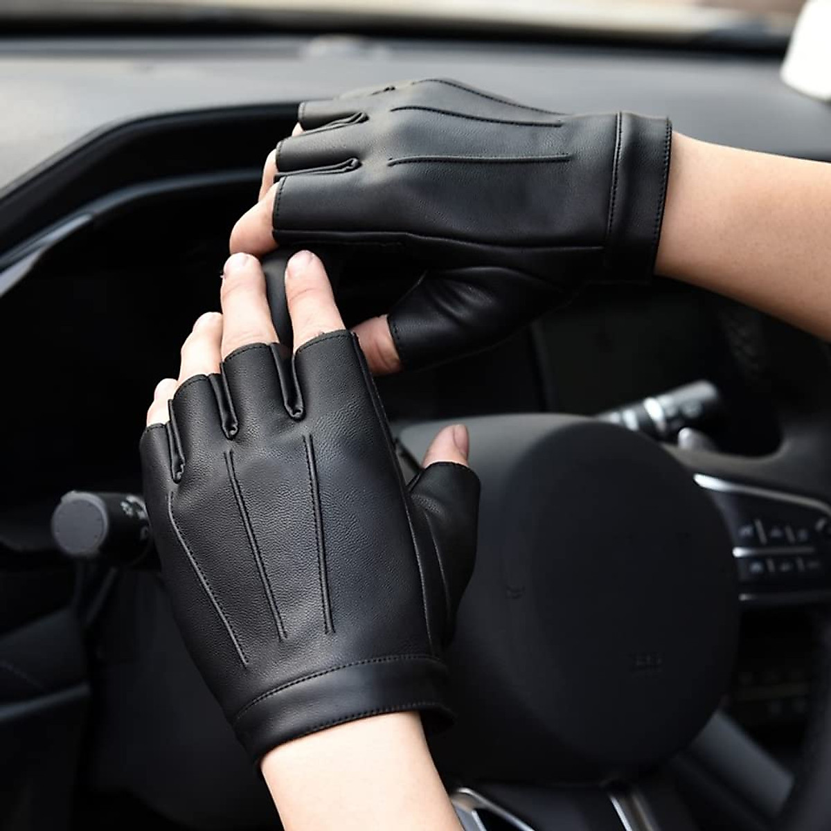 LJCZKA Fingerless Driving PU Leather Gloves Outdoor Sport Faux Half Finger with Anti-Slip Layer Glove for Men Women