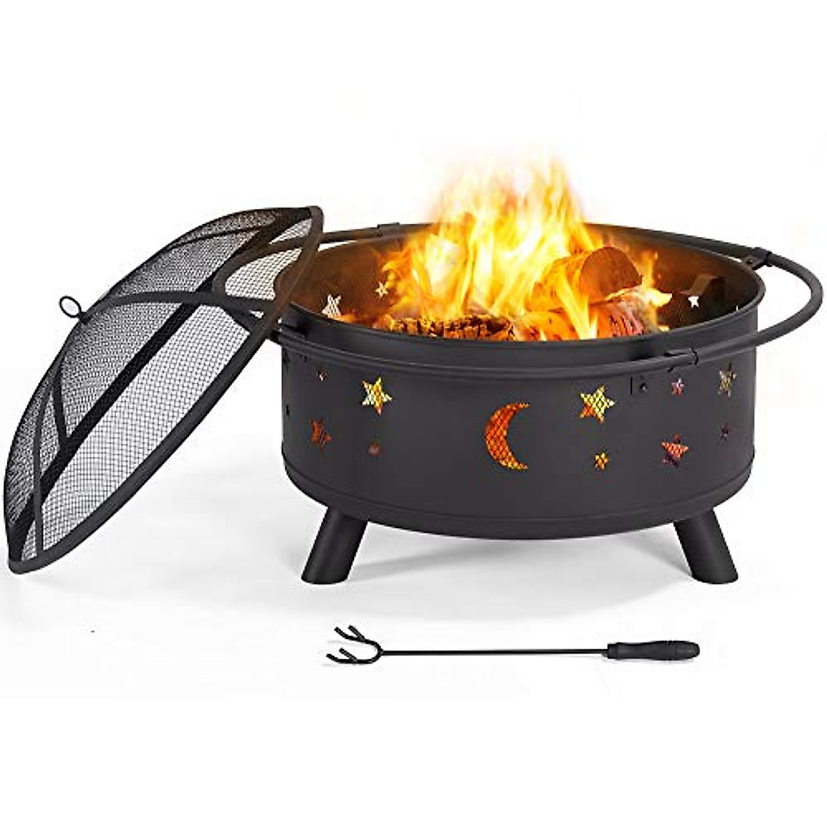 Yaheetech 30in Fire Pit Moons and Sky Stars Outdoor Fire Pit Fireplace Large Bonfire Wood Burning Firepit Bowl for Patio & Backyard with Spark Screen