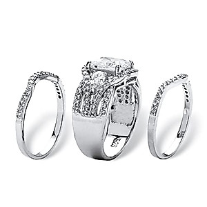 PalmBeach Platinum-plated Sterling Silver Princess Cut Cubic Zirconia 3 Piece Highway Bridal Ring Set Sizes 6-10 Size 10