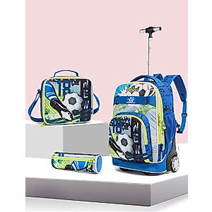 MOHCO 19 inch Rolling Backpack Set Wheeled School Book bag with Insulated Lunch Bag and Pencil Case (Football)
