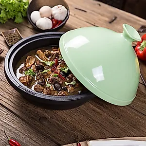 Enameled Cast Iron Moroccan Tagine with Silicone Gloves 2.7 quart with Enamel Lid Pot Slow Cooker Without Lead Cooking Healthy Food (Green)