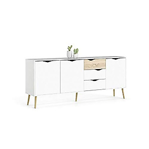 Pemberly Row Danish Modern 77" W Buffet Cabinet/Sideboard in White and Oak