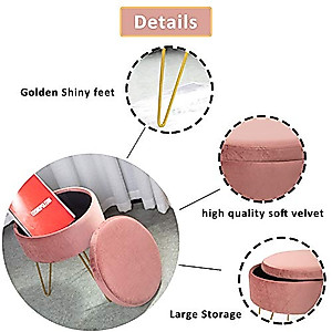Glzifom Velvet Round Storage Ottomans Dressing Chair Modern Vanity Seat Makeup Stool with Gold Metal Legs for Home Bedroom Coffee Table Living Room (Pink)