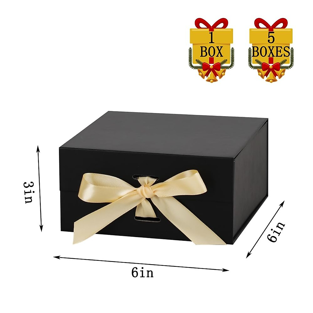 BoxSkivra Black Gift Box with Ribbon 1 Pack 6X6X3 Inch Small Gift Box with Lid Magnetic Closure Rectangle Collapsible Luxury Gift Box Shredded Paper Filler & Card