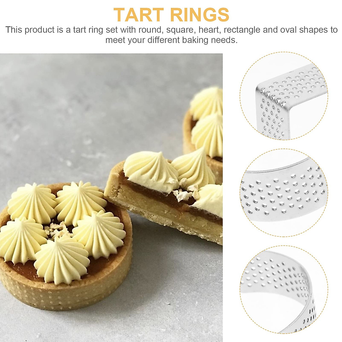 Baking Tart Rings Stainless Steel Perforated Tart Ring Muffin Rings, Mousse Baking Ring Cake Rings Dessert Rings Pastry Ring for French Tarte（5 Different Shape）