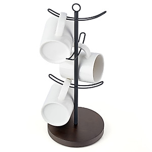 Mkono Coffee Mug Tree Counter, Coffee Cup Holder with 6 Hooks, Stylish Wood Mug Stand Rack for Mugs, Tea Cups Organizer, Coffee Bar Accessory Countertop Coffee Mug Storage Display Holder, Brown