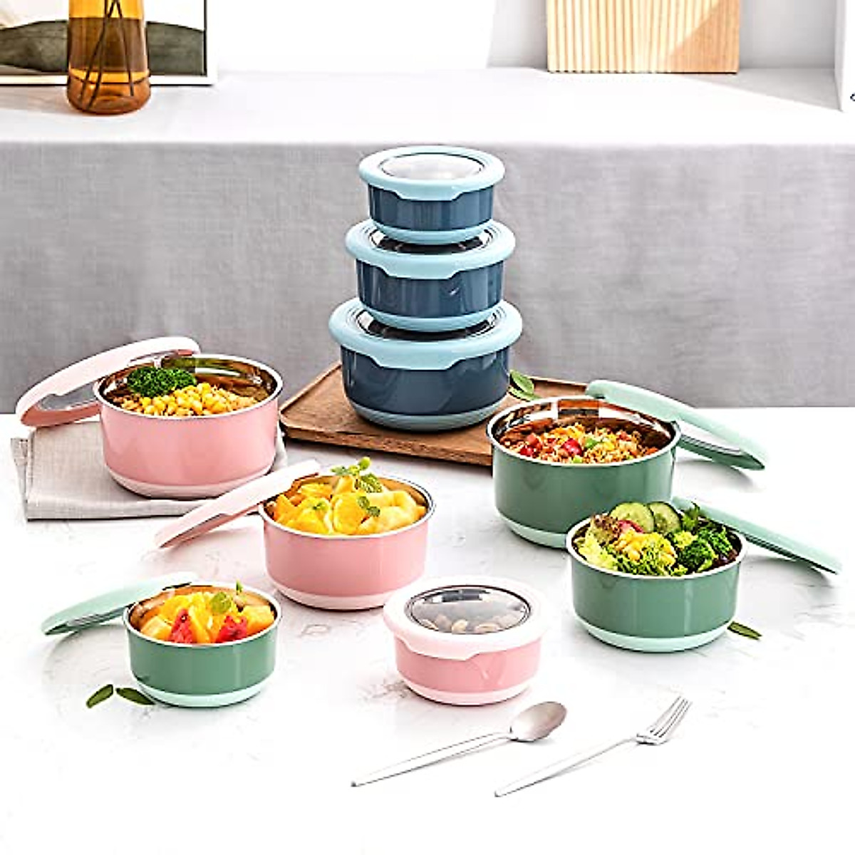 Lille Home Premium Stainless Steel Food Containers/Bento Lunch Box With Anti-Slip Exterior, Set of 3, 420ML, 730ML,1.2L, Leakproof, BPA Free, Portion Control (Pink)