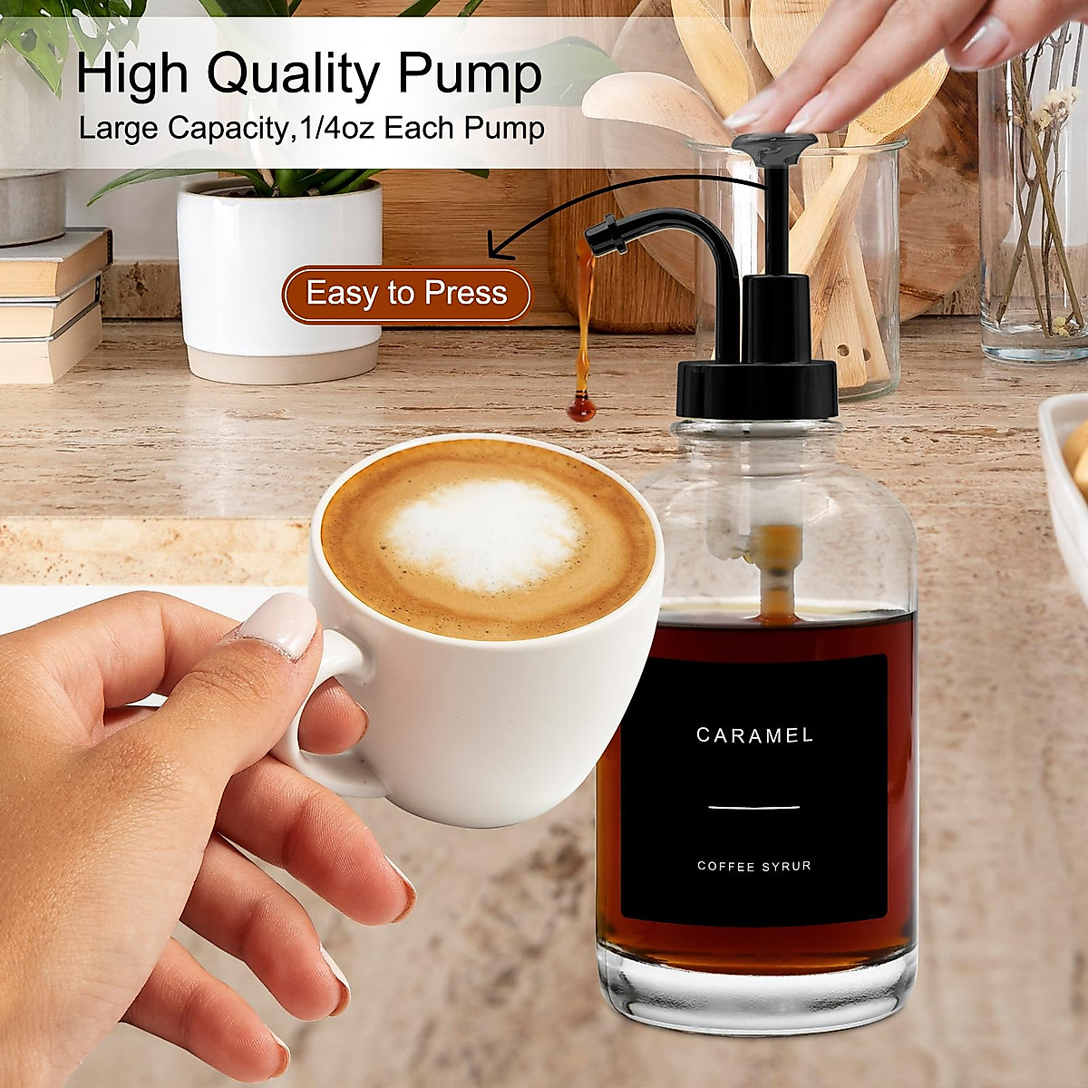 MFBJXC 2-Pack Coffee Syrup Dispenser for Coffee Bar, 16.9 oz 500 ml Glass Syrup Bottle with 36 Labels, Syrup Pump Dispenser for Coffee Bar(Black pump)