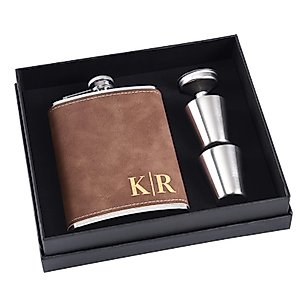 Personalized Flask Gift Set for Men with 8 Designs, 8 oz 304 Stainless Steel Engraved Hip Flasks with "Golf, Mountain, Deer, Initial" Icon, Custom Flask for Wedding Groomsmen Gifts (Brown)