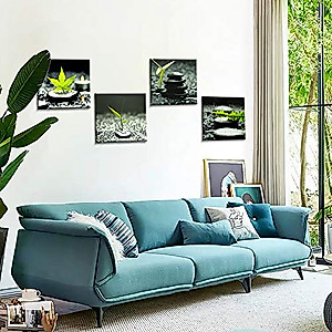 Artscope 4 Pieces Canvas Prints Wall Art - Green Leaf Raindrops and Stones Picture Painting- Modern Wall Artwork Framed for Bathroom Home Office Decor - 12 x 12 Inch