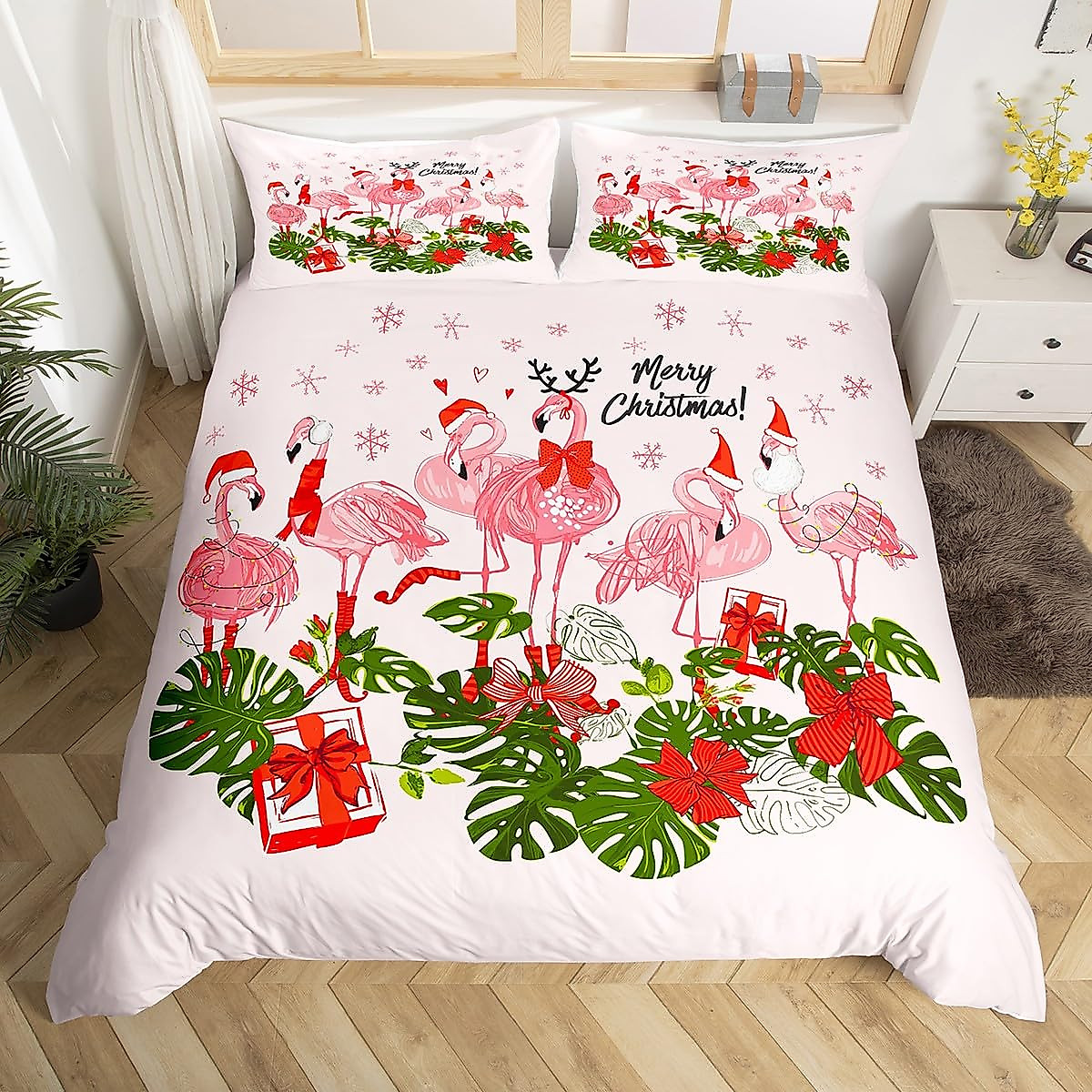 Merry Christmas Bedding Set Queen Size,Pink Flamingo Cartoon Bird Animal Duvet Cover Set for Children Adult,Winter Snowflake Green Leaves Soft Comforter Cover for Dorm Room, Zipper, Ties