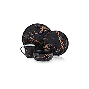 Stone Lain Modern Gold Splash Exquisite Fine China Dinnerware Set, 16 Piece - Service for 4, Black & Gold