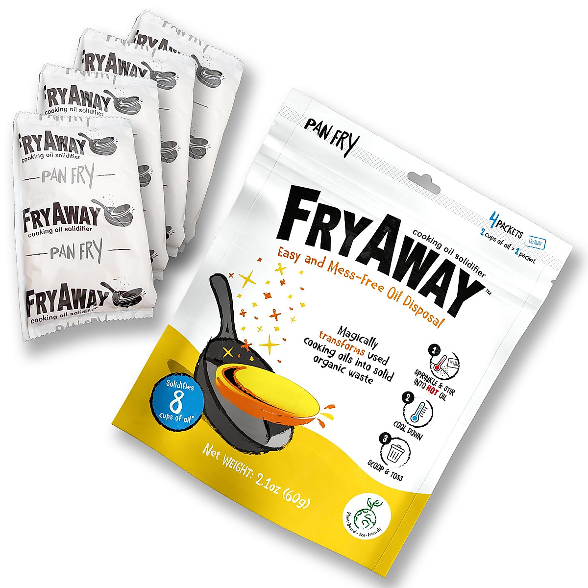 FryAway Pan Fry Waste Cooking Oil Solidifier Powder, 100% Plant-Based Cooking Oil Disposal, 1 Packet per 2 Cups of Oil, (Includes 4 Packets to Solidify 8 Cups / 2 Liters / 0.5 Gallon of Oil Total)