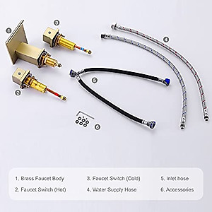 TapLong Solid Brass Modern Waterfall Bathroom Basin Faucet 3 Holes 2 Square Handles Brushed Gold Sink Faucet