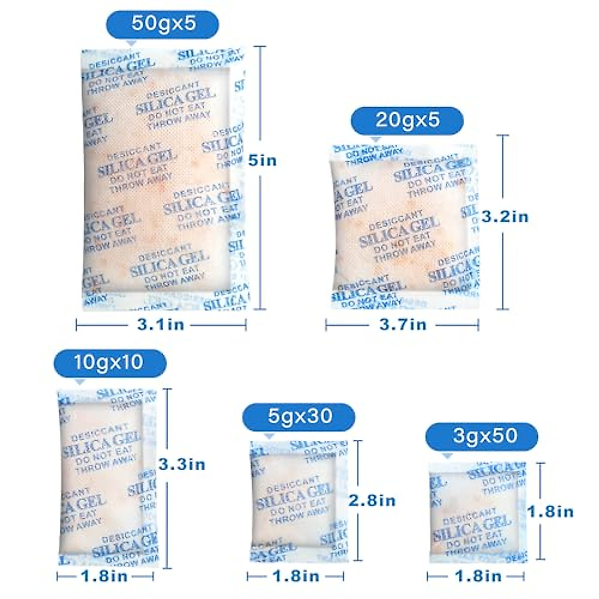 3/5/10/20/50 Gram Silica Gel Packets, 100Packs Total, Rechargeable Desiccant Packets with Orange Color Indicating, Food Safe Silica Gel for Moisture Absorbing