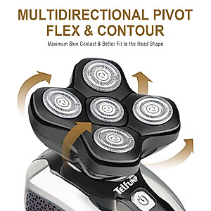 Detachable Head Shavers - Telfun Upgrade 5-in-1 Electric Head Shavers for Bald Men, 100% Waterproof Cordless Razor, Wet/Dry Shaving, 5 Dual Track Heads, Mess-Free Hair Capture (Black)