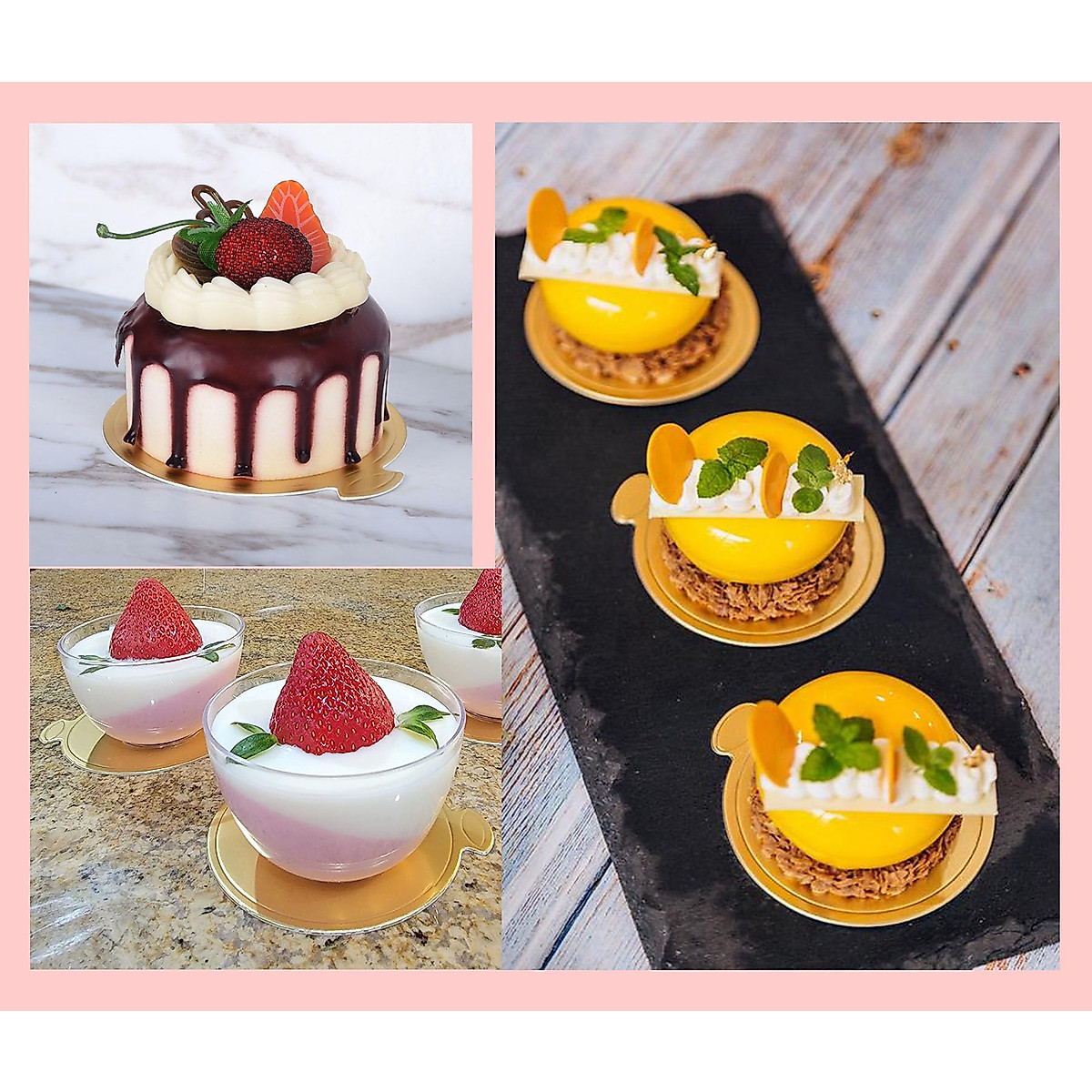 YYaaloa 3.15 Inch Mini Round Golden Cake Boards 50pcs Mousse Cupcake Base Paper Plates Circle Dessert Board (Gold 3inch 50pcs)