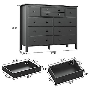 10 Drawer Large Black Dresser for Bedroom, 47.2" Long Chest of Drawers with Deep Drawers, Modern Wooden Storage Dresser for Closet, 36.2" Tall Dresser TV Stand for Living Room, Hallway, Entryway